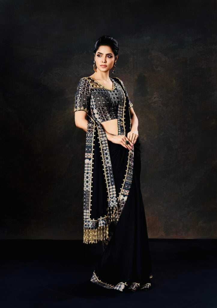 A3 Ajrak Copper Saree - Sarah Karim Couture